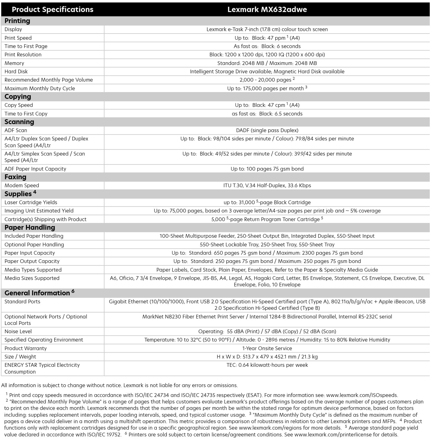 Lexmark MX632adwe Wireless A4 Mono Laser Multifunction Printer - Print ...