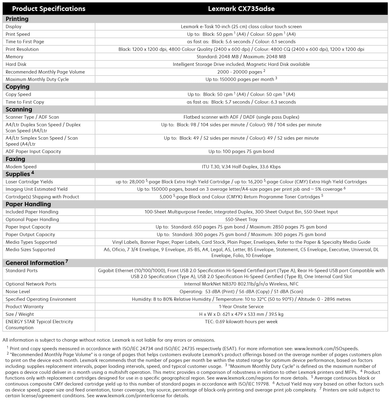 Lexmark CX735adse A4 Colour Laser Multifunction Printer with ISD ...