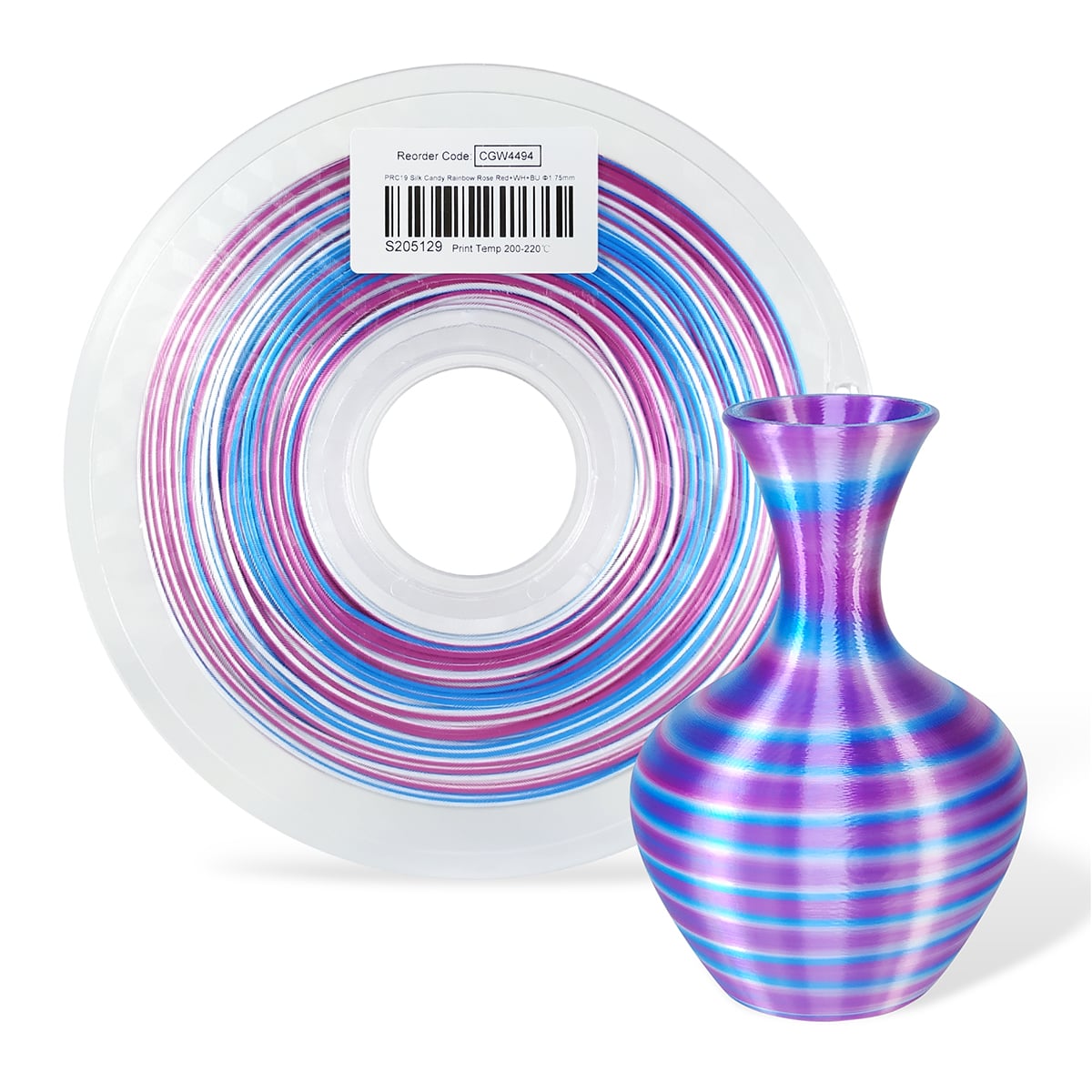 1 x Silk PLA 3D Filament 1.75mm Rainbow Candy PRC19 (Rose Red+White ...