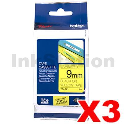 Brother 3 x Genuine TZe-621 9mm Black Text on Yellow Laminated Tape - 8 ...