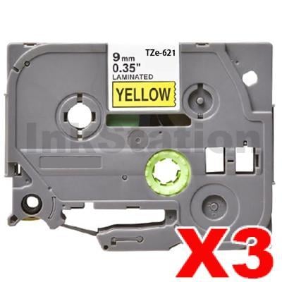 Brother 3 x Compatible TZe-621 9mm Black Text on Yellow Laminated Tape ...