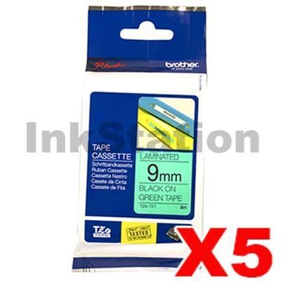 Brother 5 x Genuine TZe-721 9mm Black Text on Green Laminated Tape - 8 ...