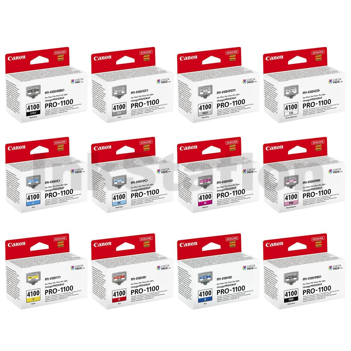 Canon 12 Pack Genuine LUCIA PRO II PFI-4100 Ink Tank Combo [1MBK,1PBK,1C,1M,1Y,1GY,1PGY,1PC,1PM ...