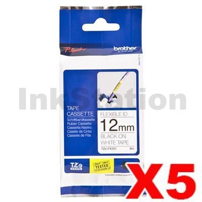 Brother 5 x Genuine TZe-FX231 12mm Black Text on White Flexible ID ...