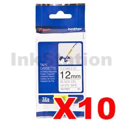 Brother 10 x Genuine TZe-FX231 12mm Black Text on White Flexible ID ...