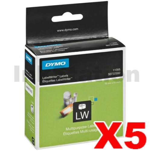 Dymo 5 x SD11355 / S0722550 Genuine White Label Roll 19mm x 51mm - 500 ...
