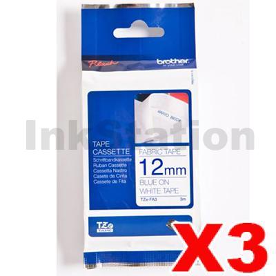 Brother 3 x Genuine TZe-FA3 12mm Blue Text on White Fabric Tape - 3 meters - P-Touch Tape ...