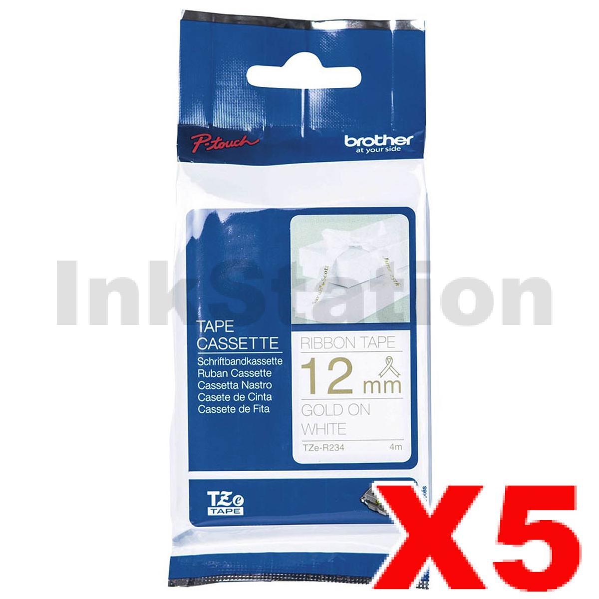 Brother 5 x Genuine TZe-R234 12mm Gold Text on White Ribbon Tape - 4 metres - P-Touch Tape ...