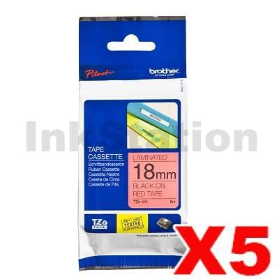 Brother 5 x Genuine TZe-441 18mm Black Text on Red Laminated Tape - 8 ...