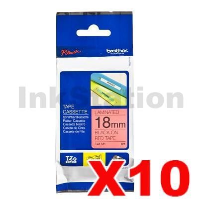 Brother 10 x Genuine TZe-441 18mm Black Text on Red Laminated Tape - 8 ...