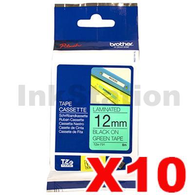 Brother 10 x Genuine TZe-731 12mm Black Text on Green Laminated Tape ...