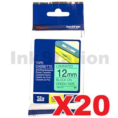 Brother 20 x Genuine TZe-731 12mm Black Text on Green Laminated Tape ...