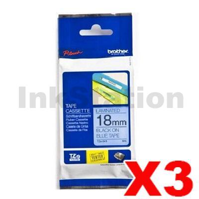 Brother 3 x Genuine TZe-541 18mm Black Text on Blue Laminated Tape - 8 ...