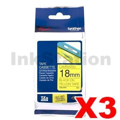 Brother 3 x Genuine TZe-641 18mm Black Text on Yellow Laminated Tape ...
