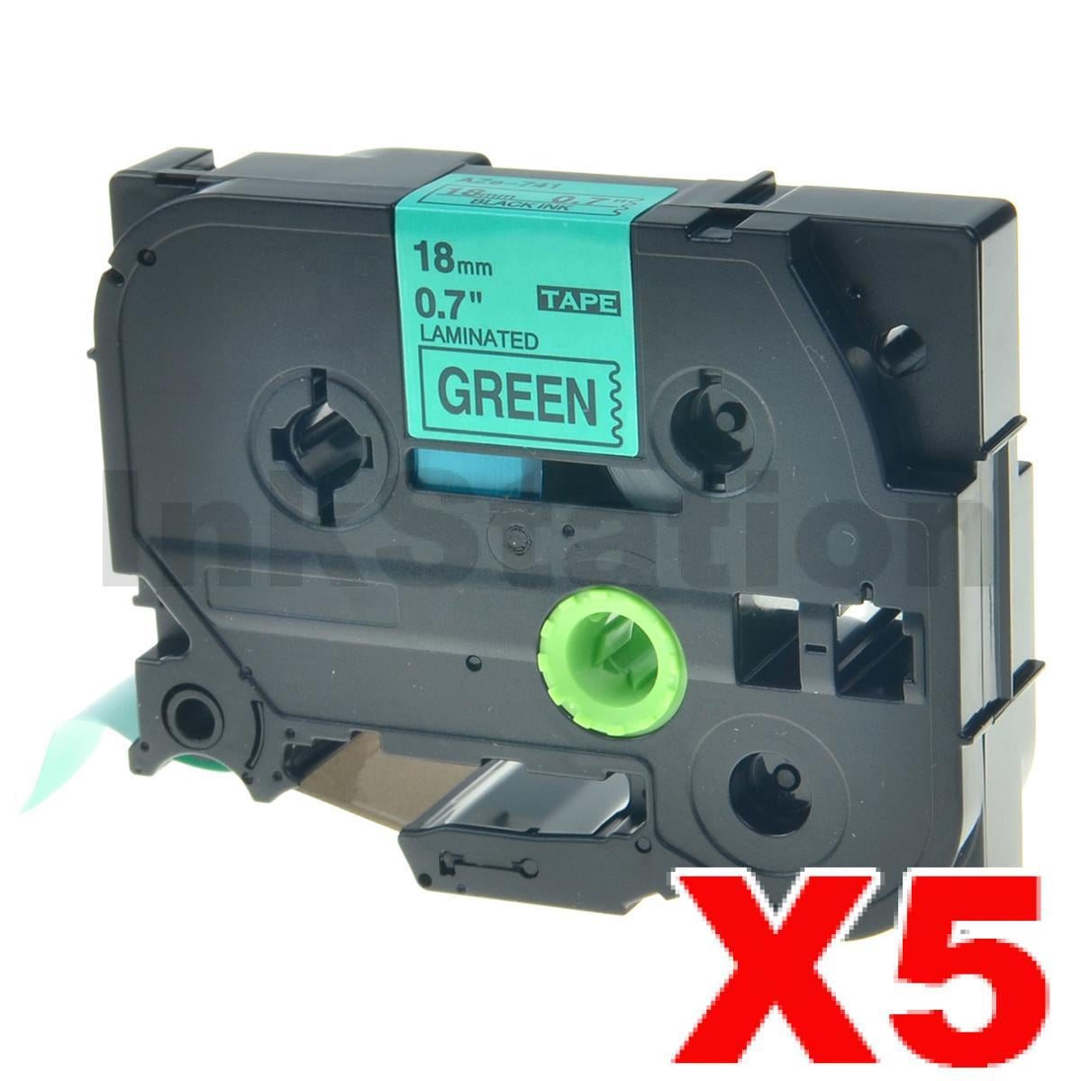 Brother 5 x Compatible TZe-741 18mm Black Text on Green Laminated Tape ...