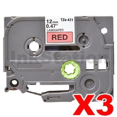 Brother 3 x Compatible TZe-431 12mm Black Text on Red Laminated Tape ...