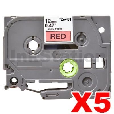 Brother 5 x Compatible TZe-431 12mm Black Text on Red Laminated Tape ...