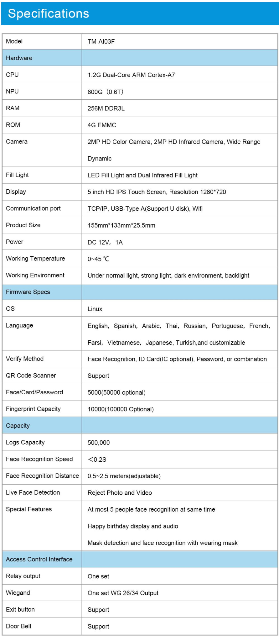 Time Attendance Machine TM-AI03F AI Dynamic Face Recognition ...