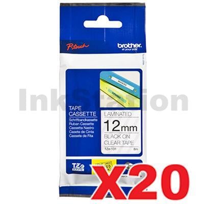 Brother 20 x Genuine TZe-131 12mm Black Text on Clear Laminated Tape ...