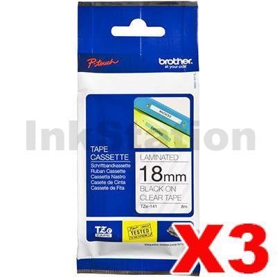 Brother 3 x Genuine TZe-141 18mm Black Text on Clear Laminated Tape - 8 ...