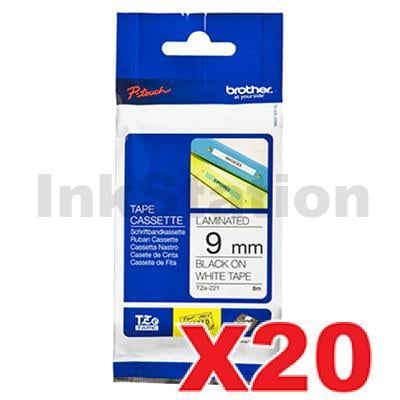 Brother 20 x Genuine TZe-221 9mm Black Text on White Laminated Tape - 8 ...