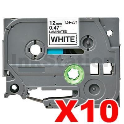 Brother 10 x Compatible TZe-231 12mm Black Text on White Laminated Tape ...