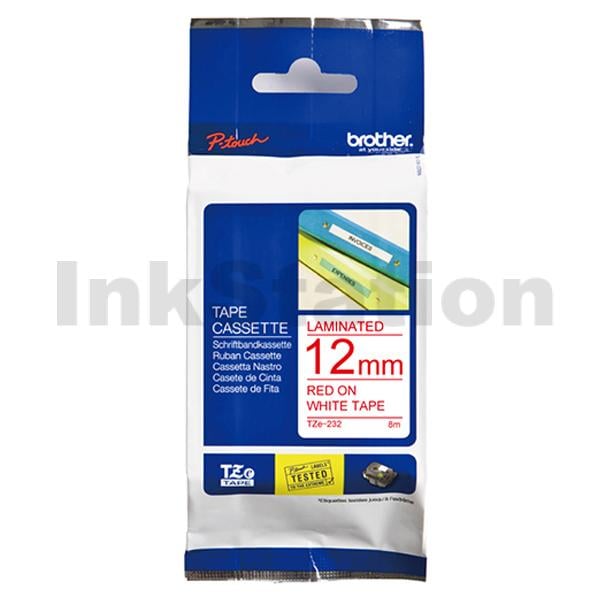 Brother Genuine TZe-232 12mm Red Text on White Laminated Tape - 8 ...