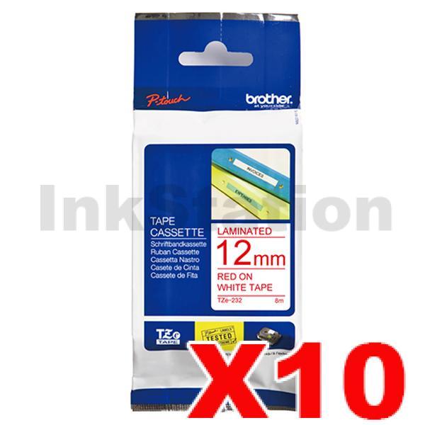 Brother 10 x Genuine TZe-232 12mm Red Text on White Laminated Tape - 8 ...