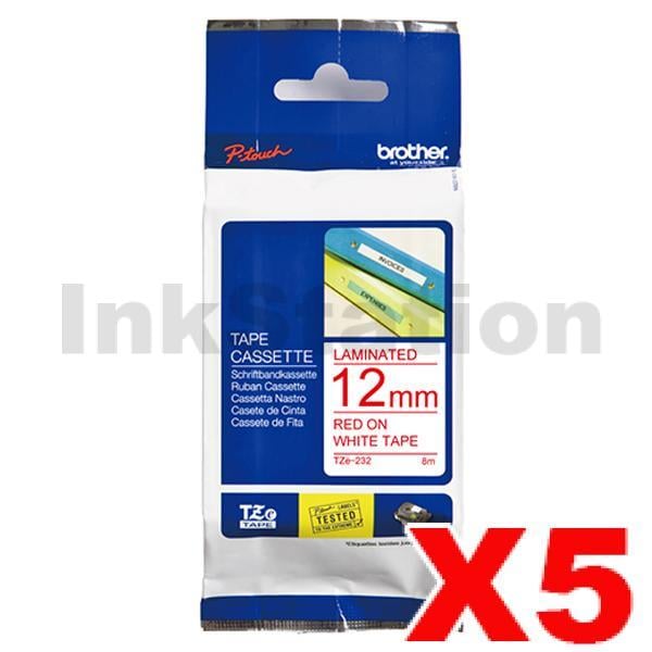 Brother 5 x Genuine TZe-232 12mm Red Text on White Laminated Tape - 8 ...