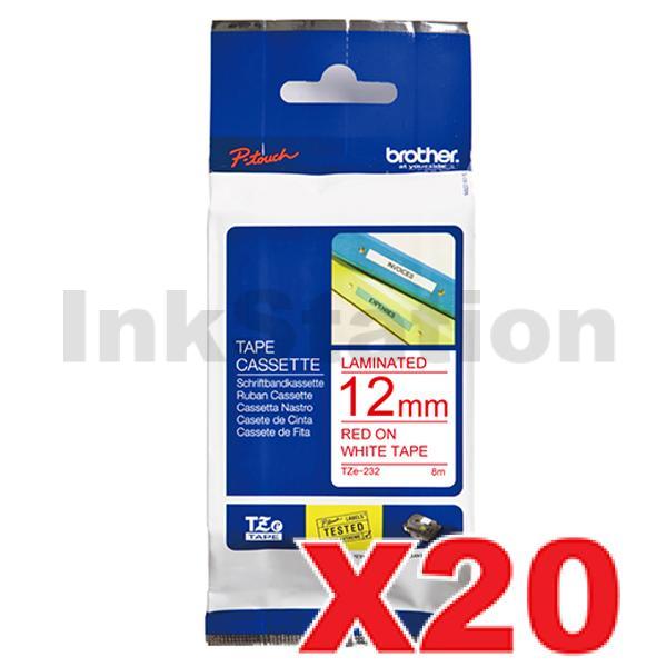 Brother 20 x Genuine TZe-232 12mm Red Text on White Laminated Tape - 8 ...