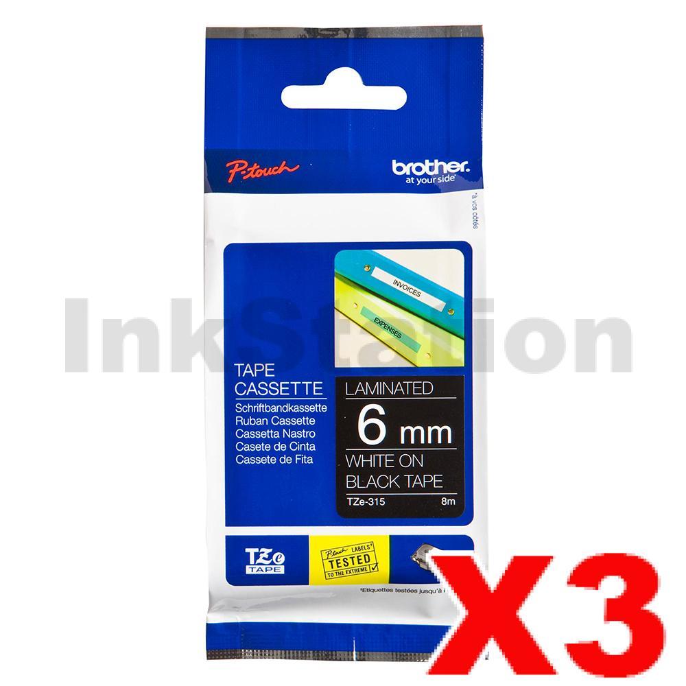 Brother 3 x Genuine TZe-315 6mm White Text on Black Laminated Tape - 8 meters - P-Touch Tape ...