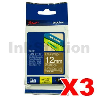 Brother 3 x Genuine TZe-MQ835 12mm White On Satin Gold Laminated Tape - 5 metres - P-Touch Tape ...