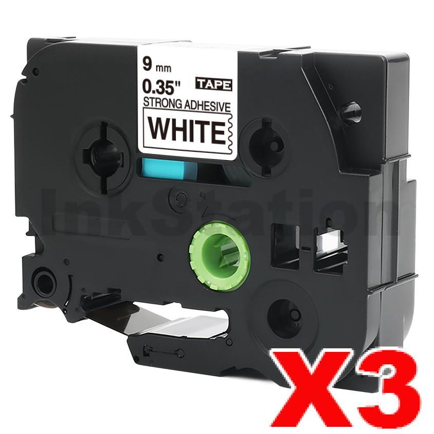 Brother 3 x Compatible TZe-S221 9mm Black Text on White Strong Adhesive ...