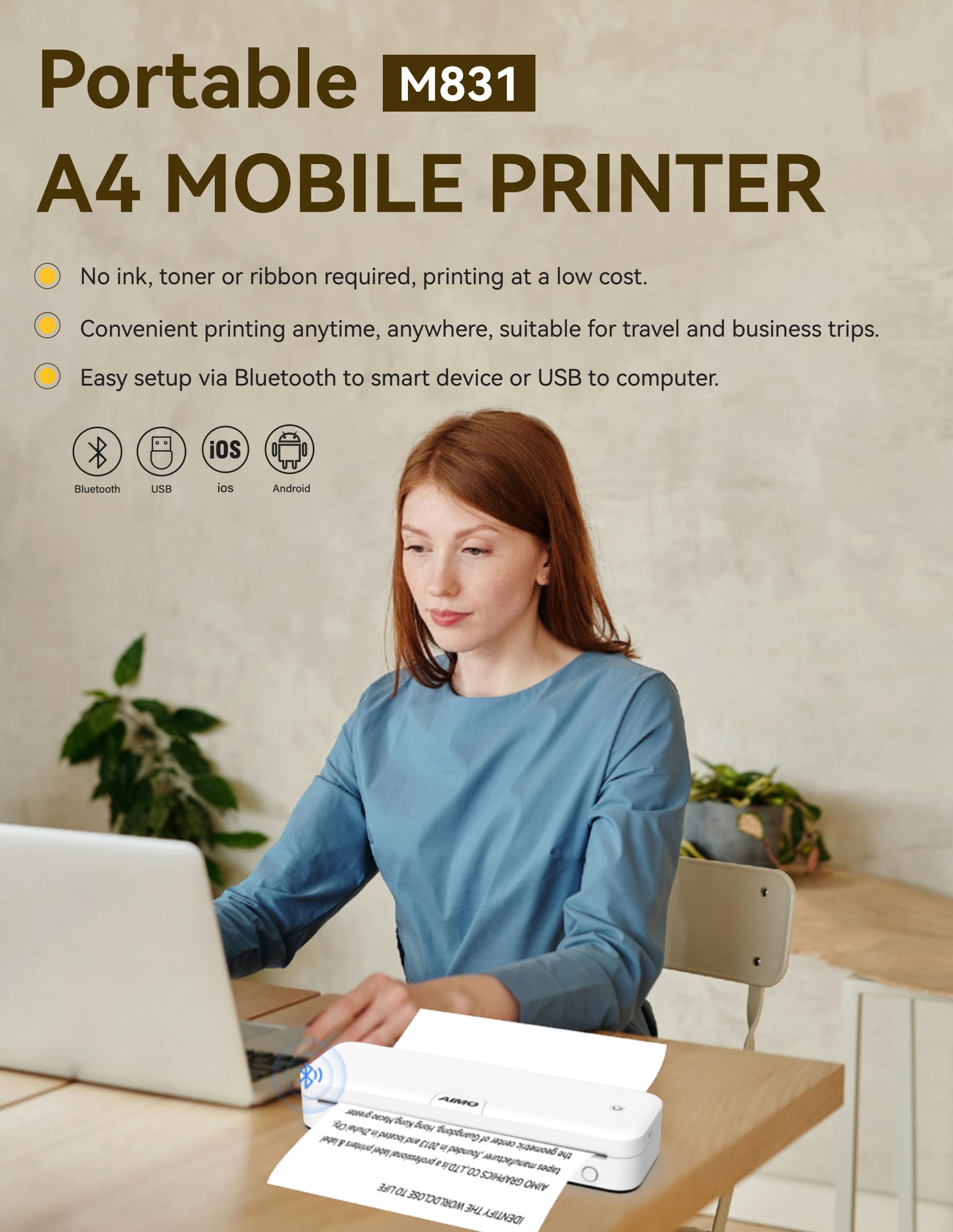 Portable A4 Mobile Thermal Printer M831 300DPI - Bluetooth, Type-C USB ...