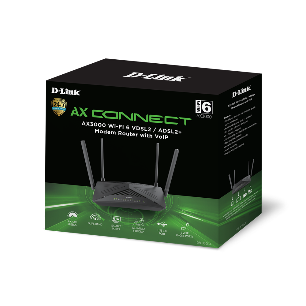 D-Link AX3000 Wi-Fi 6 VDSL2/ ADSL2+ Modem Router with VoIP - DSL-X3052E ...