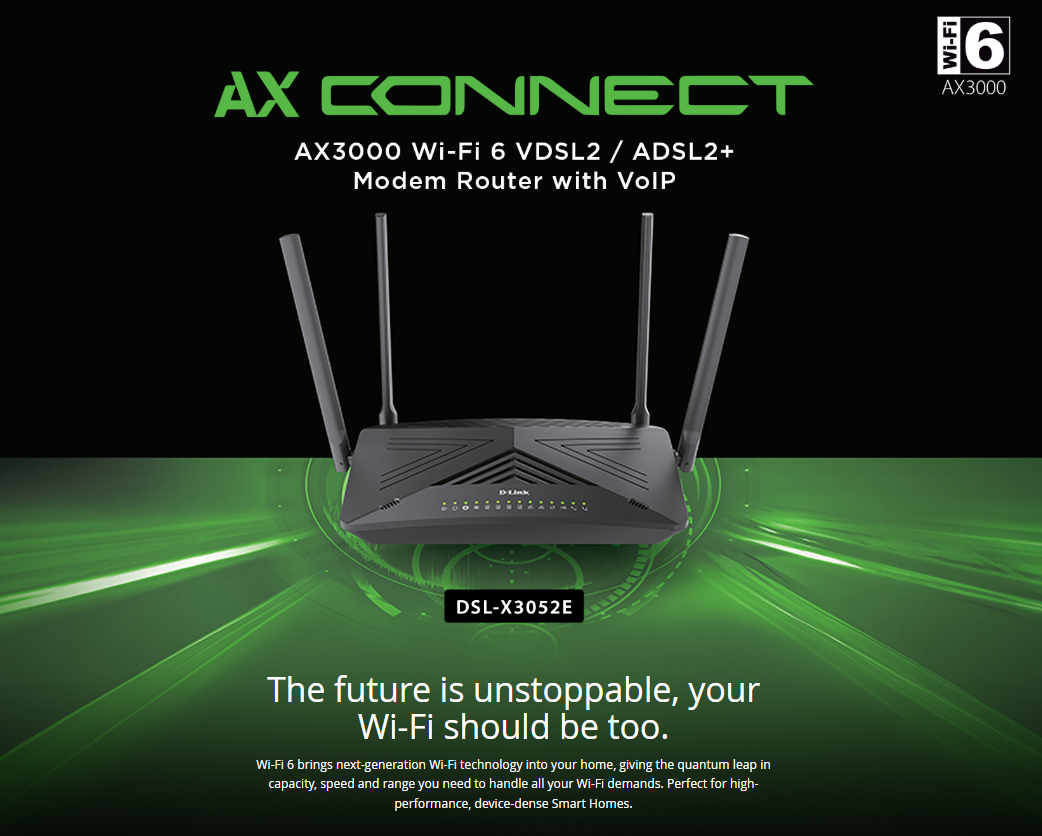 D-Link AX3000 Wi-Fi 6 VDSL2/ ADSL2+ Modem Router with VoIP - DSL-X3052E ...