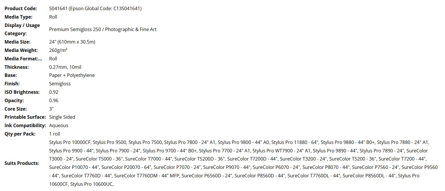 Epson 24 Inch Premium Semigloss Photo Paper Roll 610mm x 30.5m 260gsm (S041641) - InkStation