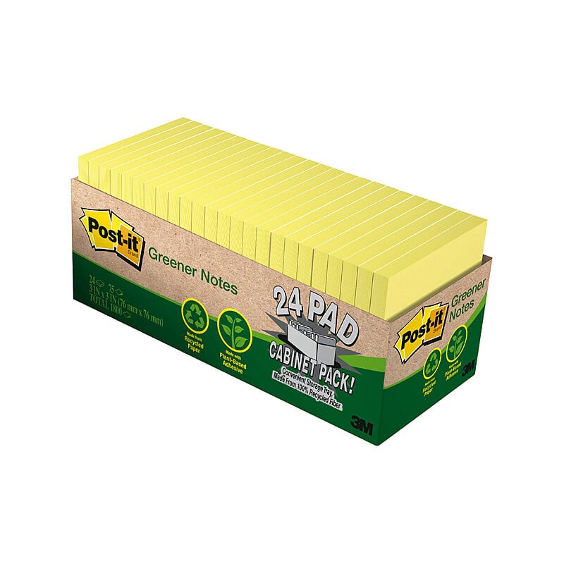 Post-it Greener Notes Canary Yellow 76 x 76mm 75 Sheets - Pack of 24 ...