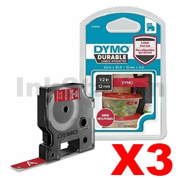Dymo 3 x SD1978366 Genuine 12mm x 3m White On Red D1 Durable Label Tape ...