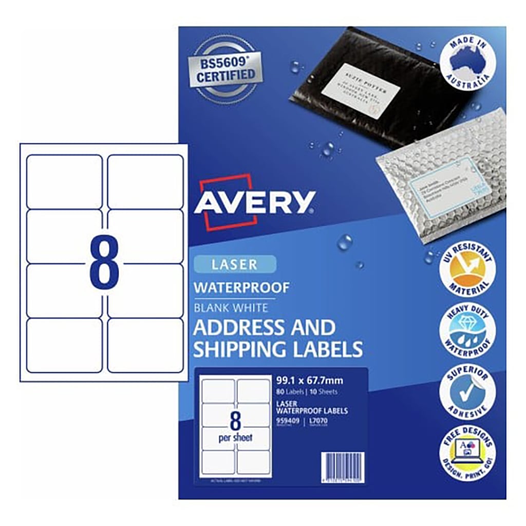 Avery #959409 Waterproof Laser Shipping Labels 8UP 99.1 x 67.7mm ...