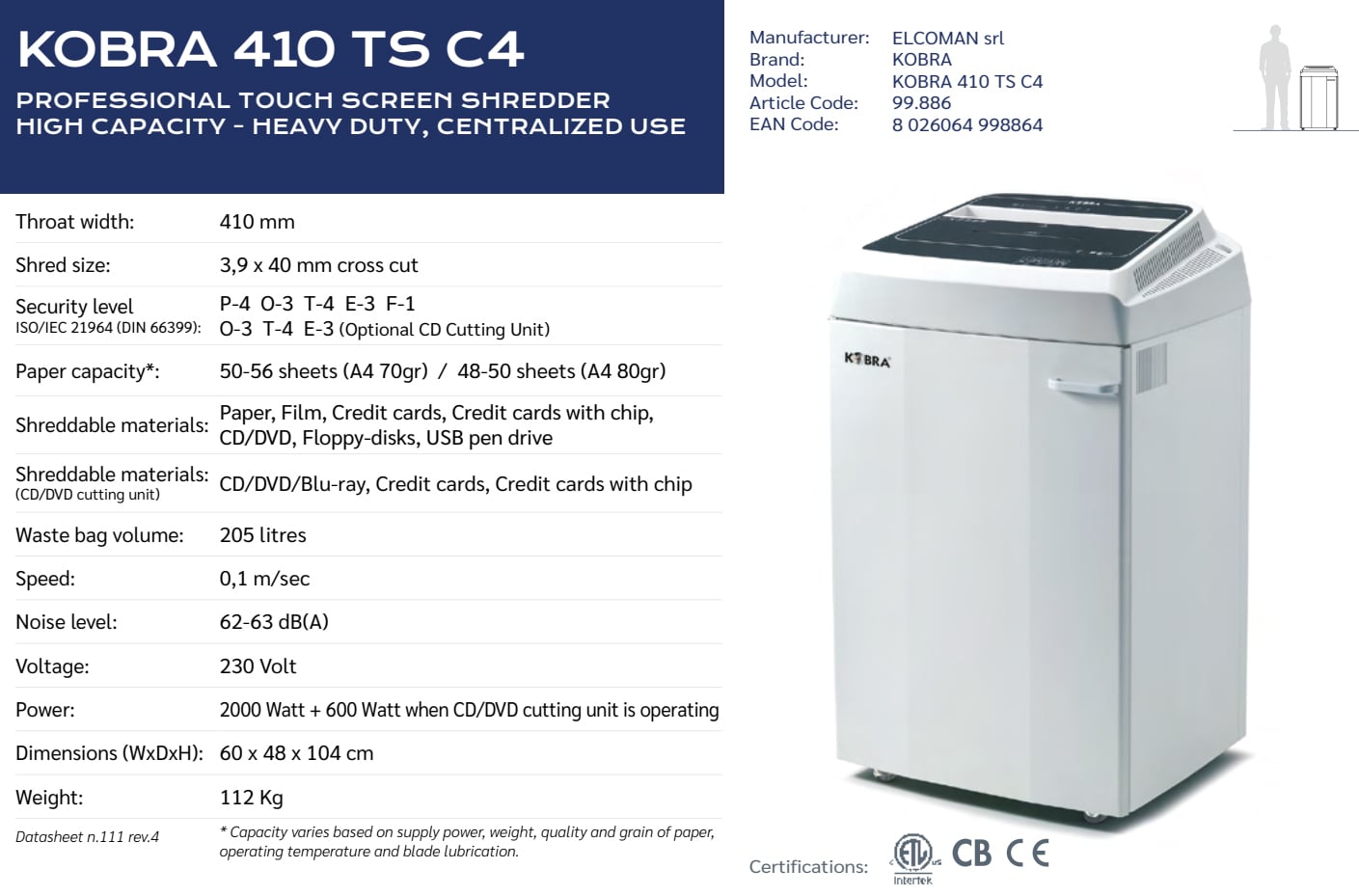 KOBRA 410TS C4 56-Sheet Cross Cut Shredder with Touch Screen & 205L ...