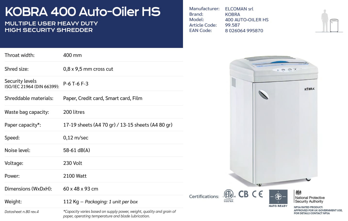 KOBRA 400 HS High security 19-Sheet Cross Cut Shredder with 200L Waste ...