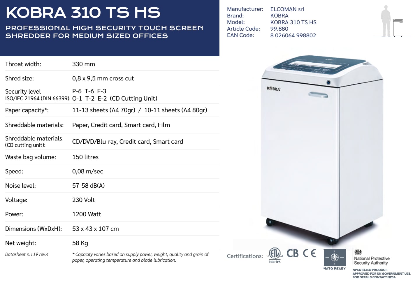 KOBRA 310 TS HS High Security 13-Sheet Cross Cut Shredder Touch Screen ...