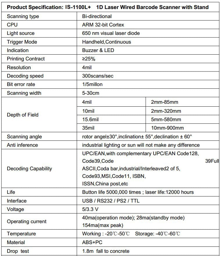 1D Laser USB Wired Barcode Scanner With Stand IS-1100L+ - InkStation