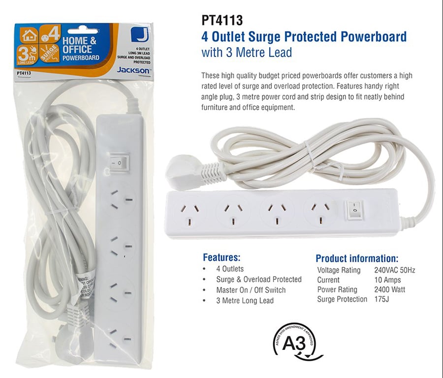 Jackson 4 Outlet Surge Protected Powerboard PT4113 With 3m Lead - White ...
