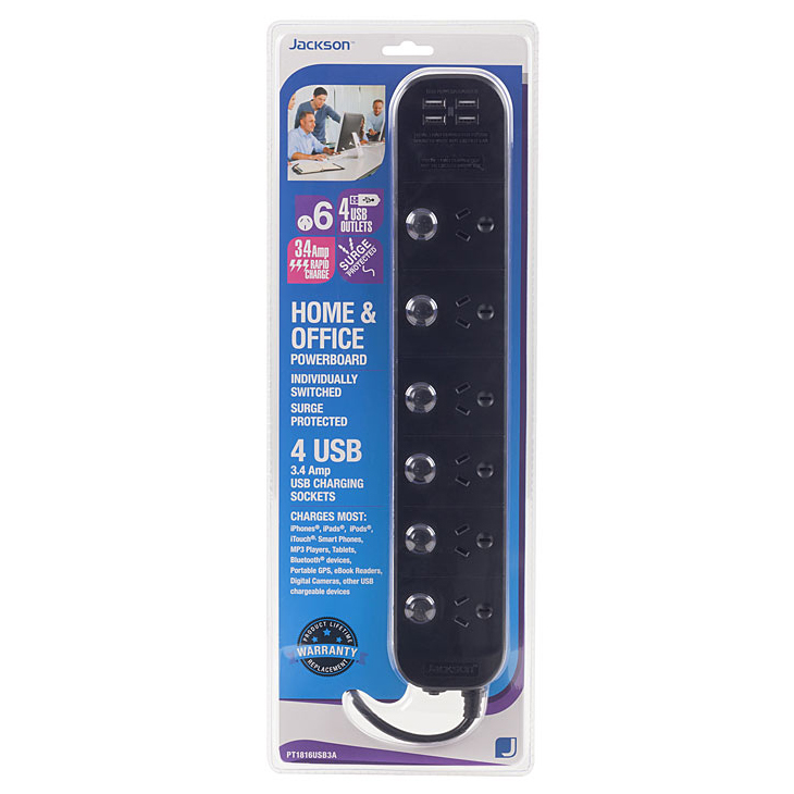 Jackson 10 Outlet Surge Protected Powerboard PT1055 with 6 x USB ...