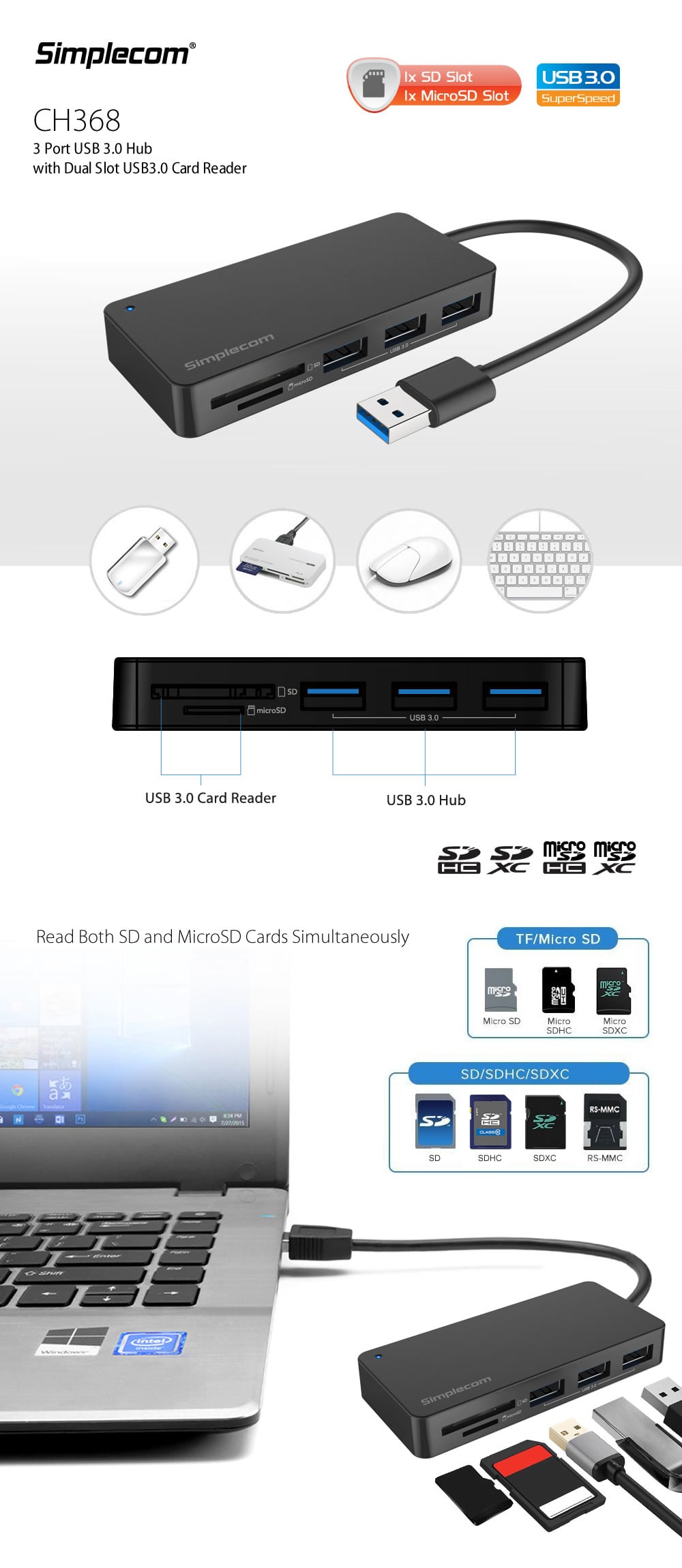 3 Port USB 3.0 Hub with Dual Slot SD MicroSD Card Reader CH368 - InkStation