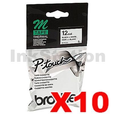 Brother 10 x Genuine M-K231 12mm Black Text on White Tape - 8 meters ...