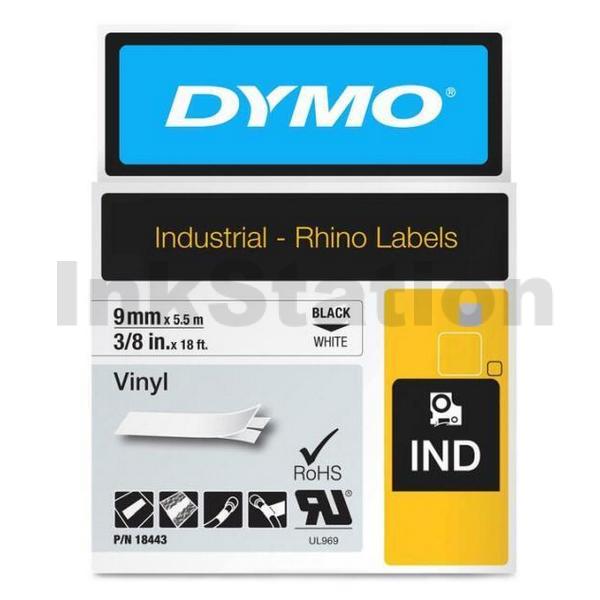 Dymo 18443 Genuine 9mm Black Text on White Vinyl Industrial Rhino Label Cassette - 5.5 meters ...