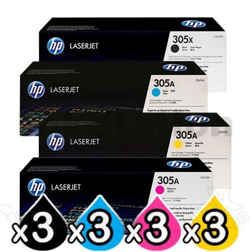 HP 3 sets of 4 Pack CE410X-CE413A (305X/305A) Genuine Toner Cartridges ...